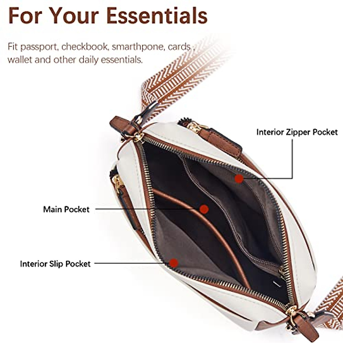 BOSTANTEN Small Crossbody Purse for Women Triple Zip Cell Phone Leather Shoulder Handbag with Wide Guitar Strap Beige with Brown