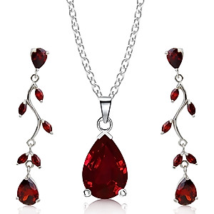 Crystalline Azuria Teardrops Set with Red Zirconia Crystals Necklace 18 inches Dangle Earrings 18K White Gold Plated for Women