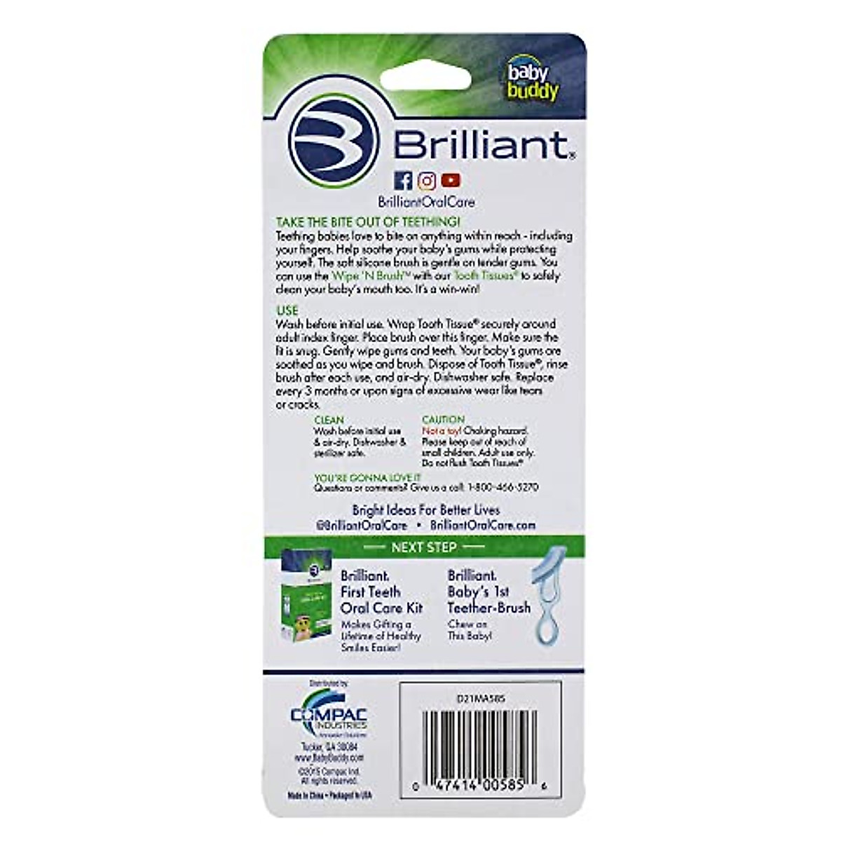 Brilliant Wipe N Brush by Baby Buddy, Silicone Toothbrush, Cleaner for Infants 4-16 Months Old, Use with Dental Wipe, Infant Oral Cleaning Products, Baby Registry Must Haves, Travel Accessories, Blue