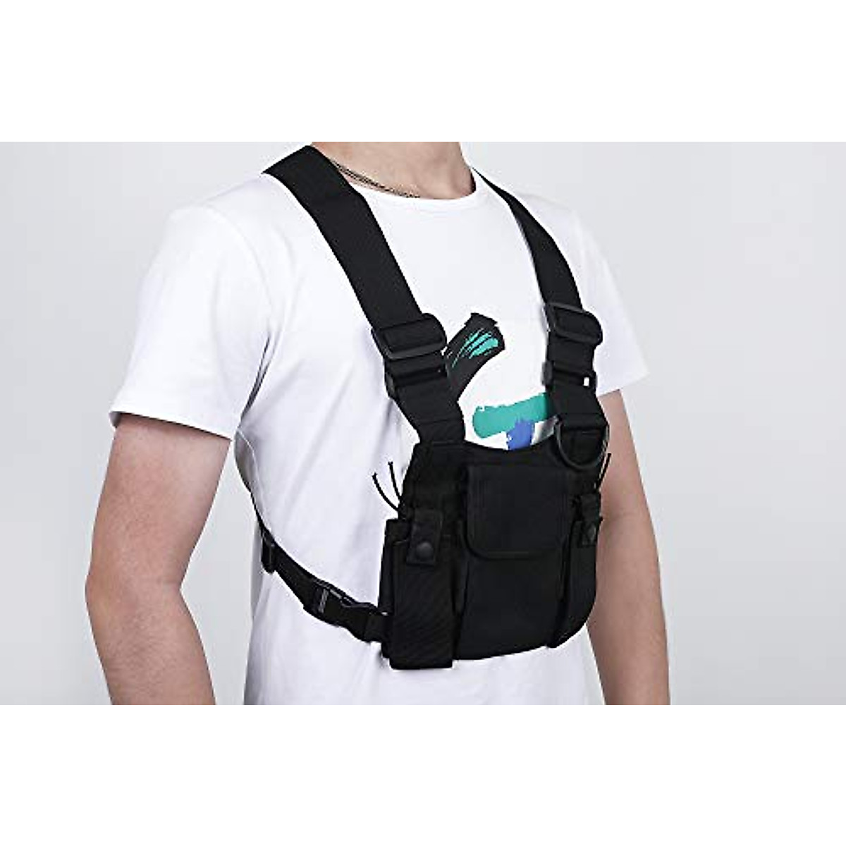 Radio Chest Harness Rig Holster Pack with Front Pouches and Zipper Bag for Universal Walkie Talkies