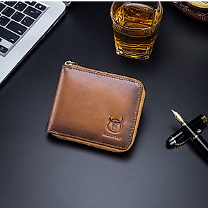 BULLCAPTAIN Mens Genuine Leather Zipper Wallet RFID Blocking Bifold Secure Zip Around Wallets Multi Credit Card Holder Purse (Handmade brown)