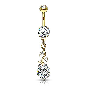 Forbidden Body Jewelry 14g Surgical Steel Sexy Vine with Solitaire CZ Dangle Belly Ring, Gold Tone