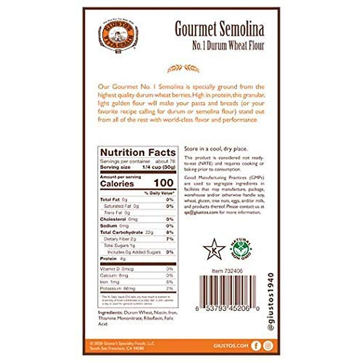 Giusto's Vita-Grain Gourmet Semolina All-Natural No. 1 Durum Wheat Flour, 5lb Bag