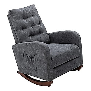 Rocking Chair Glider Chair for Nursery Comfortable Rocker Fabric Padded Seat with Side Pocket Upholstered Rocking Chairs with High Back for Living Room Baby Kids Room Bedroom (Dark Grey)