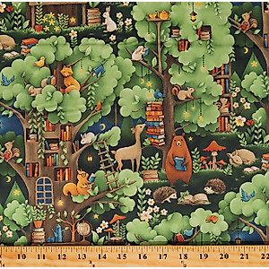 Fields Cotton Woodland Animals Books Library Tree House Forest Green Cotton Fabric Print by The Yard (D563.56), 44 Inches