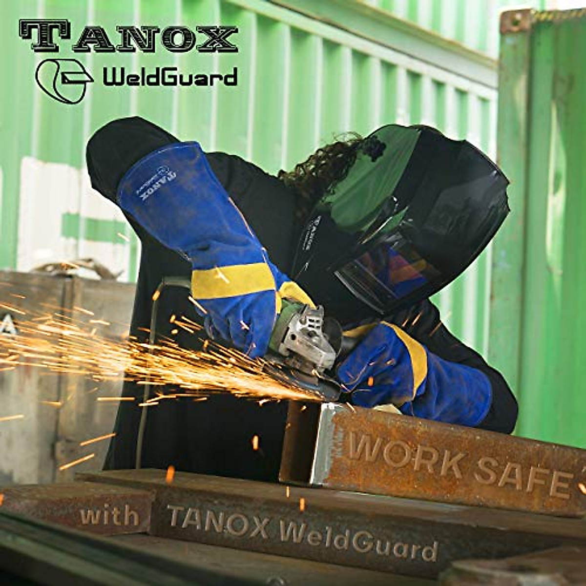 Leather Forge Welding Gloves Heat/Fire Resistant, Mitts16 inch long for Oven/Grill/Fireplace/Furnace/Stove/Pot Holder/Tig Welder/Mig/BBQ/Animal handling glove with Bonus: protection sleeves – Blue