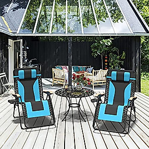 Farini Zero Gravity Chair Lounge Chair Outdoor, XXL Reclining Patio Chair with Polyester Fabric Back Adjustable Pillow and Detachable Cup Holder, Oversized Support 350 lbs, Light Blue and Black