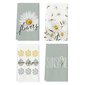 Artoid Mode Daisy Stripes Sunshine Blessed Bloom Summer Kitchen Towels Dish Towels, 18x26 Inch Seasonal Decoration Hand Towels Set of 4