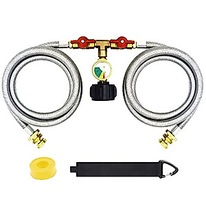 Upgraded 5FT Propane 2 Way Splitter Adapter Hose Stainless Braided Propane Y Splitter Hose 1 lb to 20 lb Converter with Shut Off Valve with Gauge Propane Hose Adapter 1lb Appliance to QCC1 5-40lb Tank