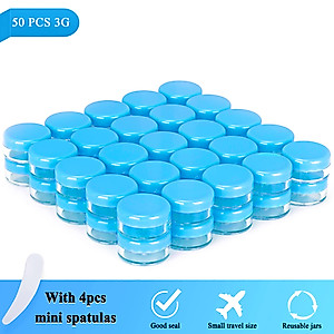 50PCS 3 Gram Sample Containers, 3ml Empty Jars with Lids, Small Cosmetic Containers, Mini Sample Jars with 4PCS Mini Spatulas for Make Up, Oils, Lotion, Powder, Paint, Jewelry, Lip Balms(Blue Lid)