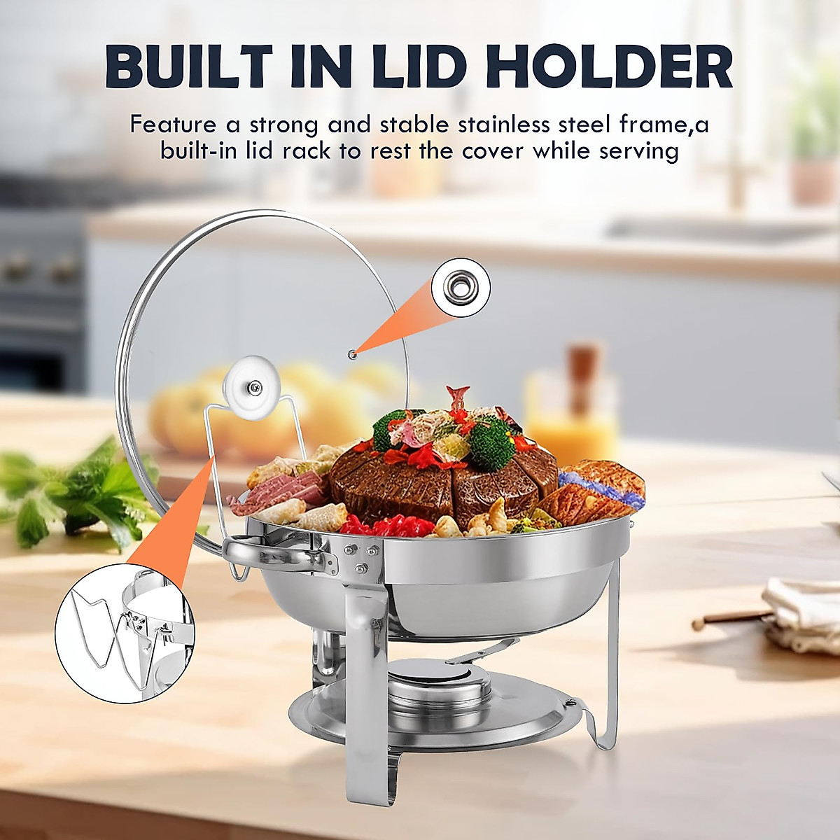 5QT Chafing Dish Buffet Set 4 Packs, Stainless Steel Round Chafers with Glass Viewing Lid & Lid Holder, Buffet Servers and Warmers Set for Dinner, Parties, Wedding, Camping