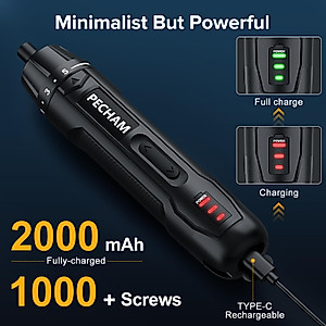 PECHAM Electric Screwdriver,350 RPM, 5 Torque,2000mAh 5N.m, 3.6V Cordless Screwdriver Set,TYPE-C Charging Cable,Manual & Electric,8 Pcs Bits for Electrical Repairs,Automatic Portable Power Screwdriver