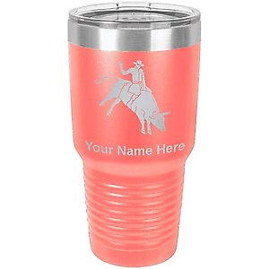 LaserGram 30oz Vacuum Insulated Tumbler Mug, Bull Rider Cowboy, Personalized Engraving Included (Coral)