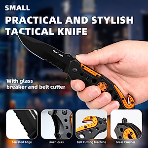 3.34″ Folding Pocket Knife Survival Knife, Serrated Blade Tactical Knife, Glass Breaker, Seatbelt Cutter, Pocket Clip, Self Defense knife with Liner Lock, For Hunting Camping Fishing Hiking