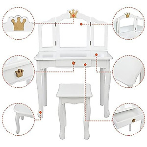 Children's Princess Dressing Table,Princess Dressing Table with Drawers and Tri-fold Mirror,Children's Dressing Table with Chair Set, Detachable Top Study Table,White