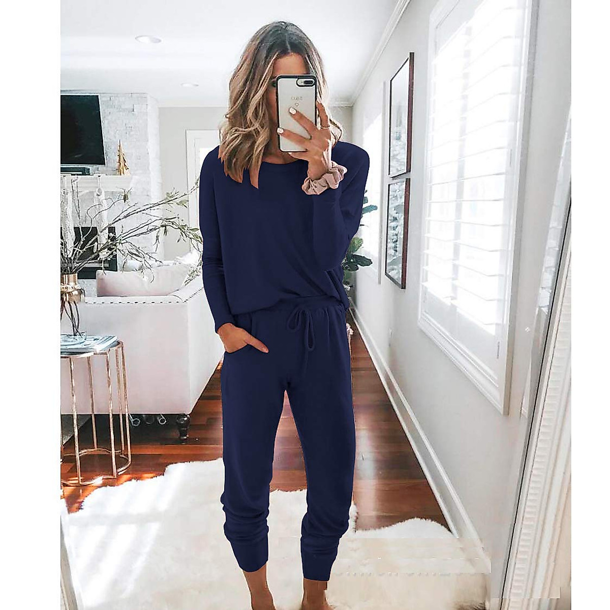 PRETTYGARDEN Women's Fall 2 Piece Lounge Outfit Long Sleeve Crewneck Pullover Tops High Waisted Pants Set Tracksuit (Navy,3X-Large)