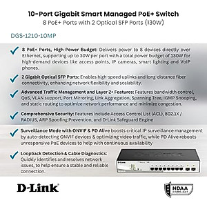 D-Link 10-Port Gigabit Smart Managed PoE+ Switch | 8 PoE+ Ports (130W) + 2 SFP Ports | L2+ | VLANs | Web Managed | Surveillance Mode | Desktop or Rackmount | Fanless | NDAA Compliant (DGS-1210-10MP)