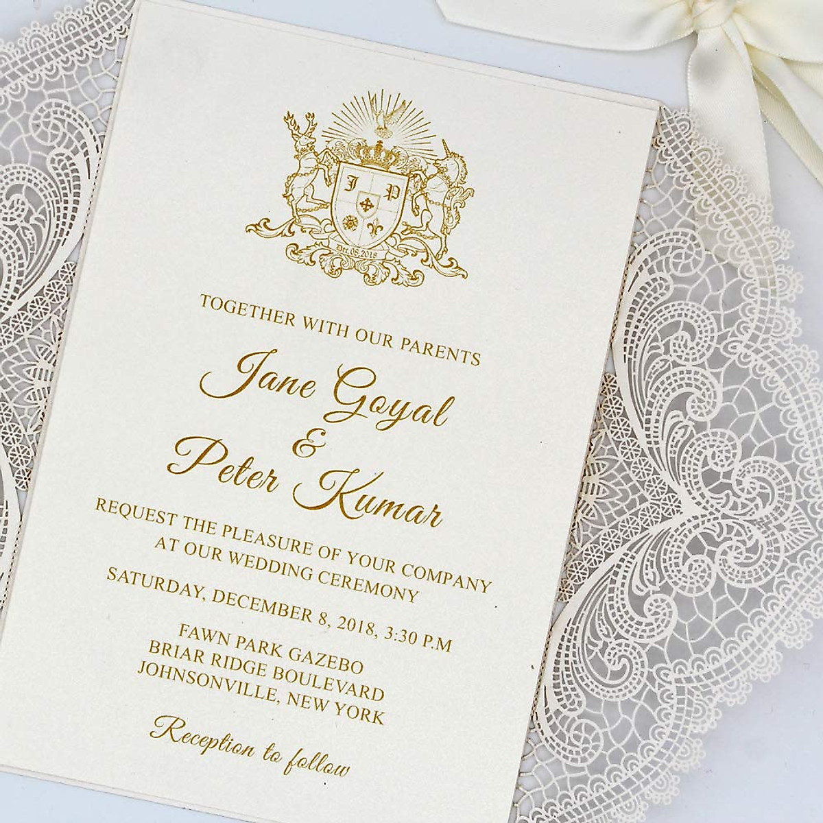 Picky Bride 25-Pack Ivory Laser Cut Lace Wedding Invitations Wraps with Shimmer Insert and Ribbon Bow, Elegant Invite Cards for Wedding/Bridal Shower/Birthday Party, 125 x 185mm (25 Invitations)