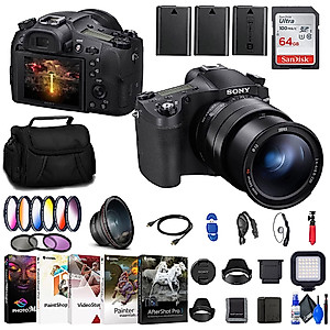 Sony Cyber-Shot DSC-RX10 IV Digital Camera (DSCRX10M4/B) + Wide Angle Lens + Telephoto Lens + Color Filter Kit + 64GB Card + 2 x NPF-W50 Battery + Card Reader + LED Light + More (Renewed)