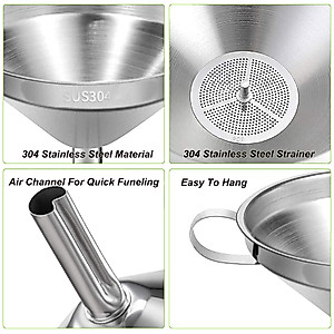 Stainless Steel Kitchen Funnel, 4.3-Inch Food Grade Metal Funnel with Strainer for Filling Bottles, Transferring Liquid, Oil, Juice, Milk