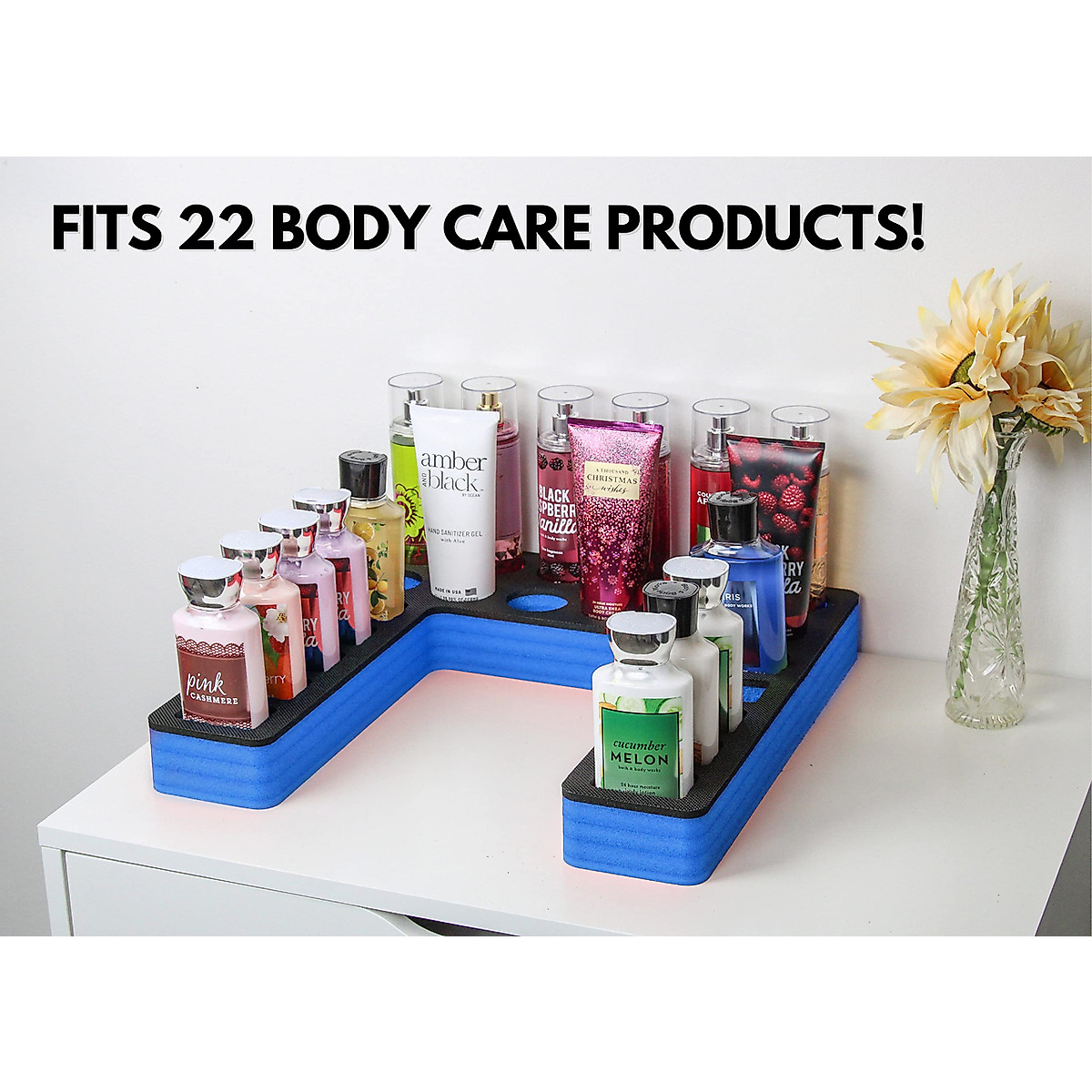 Polar Whale Lotion and Body Spray Stand Organizer Tray Blue and Black Durable Foam Washable Waterproof Insert for Home Bathroom Bedroom Office 16.25 x 16.25 x 2 Inches 22 Slots