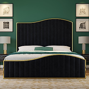 HOWE King Size Harp Bed Frame, Velvet Upholstered Platform Bed with 61.4" Vertical Channel Gold Trim Headboard & Footboard/Wooden Slats/No Box Spring Needed/Black