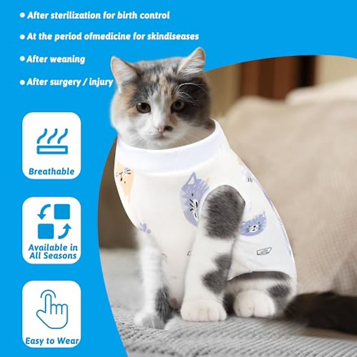 WLLHYF Cat Surgery Recovery Suit, Breathable Kitten Onesie Full Bodysuit Clothes, Post Neuter Surgery Spay Cone Anti Licking, Abdominal Wound Protector for Small Male Female Pets (Large)