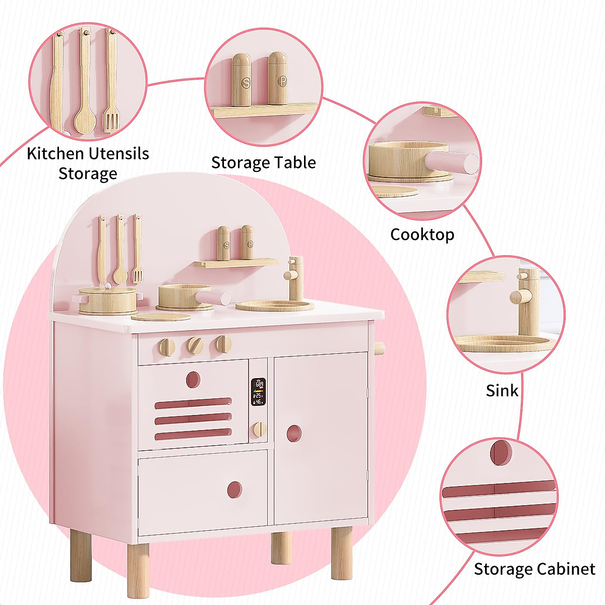 cuoote Play Kitchen Set for Kids Toddlers, Toddler Kitchen Set, Wooden Mini Pretend Kitchen playset for Boys and Girls, Toy Kitchen Gift for Girls and Boys, Gift for Ages 3+, Pink