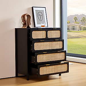 QEIUZON 4 Drawer Dresser, Modern Rattan Dresser Chest with Wide Drawers and Metal Handles, Farmhouse Wood Storage Chest of Drawers for Bedroom, Living Room, Hallway, Entryway (Black-4 Drawers-2 Packs)