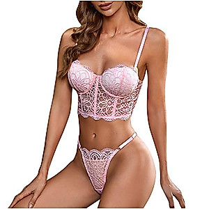 wodceeke Women Sexy Suspender Lace Split Plus Size Lingerie Embroidered Slim breast wrap Pajamas Bodysuit (Pink, XL)