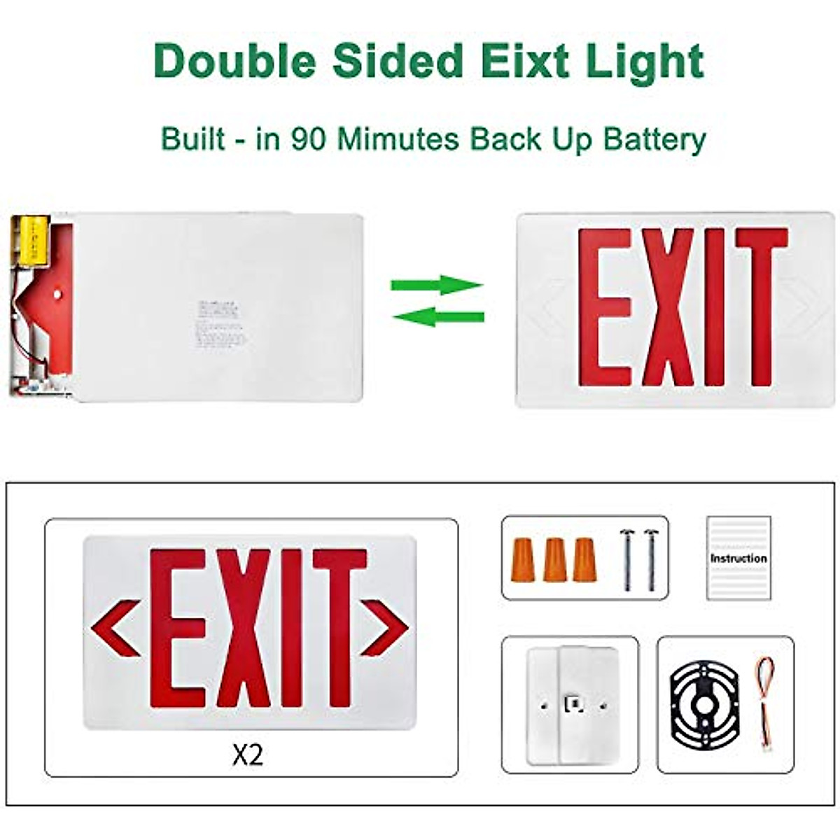 OSTEK Red LED Exit Emergency Sign Light - Standard - Battery Backup, Dual LED Lamp ABS Fire Resistance UL-Listed 120-277V (RED EXIT SIGN)