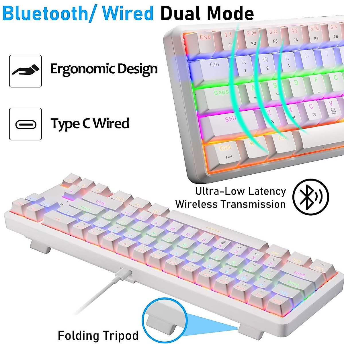 Wireless Mechanical Gaming Keyboard,60% Ultra-Compact Blue Backlit Rechargeable Bluetooth Dual Wired/Wireless Blue Switches Computer Keyboard for Multi-Device Phone Android Mobile(White Rainbow)