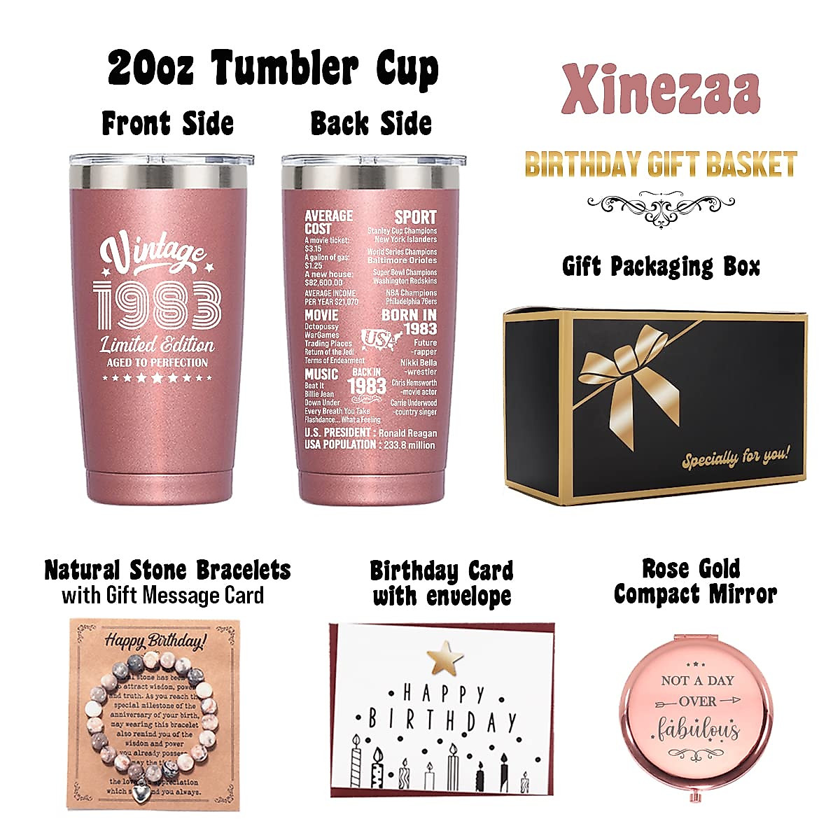 Xinezaa 41st Birthday Gifts Set for Men Women, 41st Birthday Gift for Friend Coworker Wife Mom Aunt, Happy 41 Years Old Birthday Party Decorations, 20oz Tumbler Cup, Rose Gold