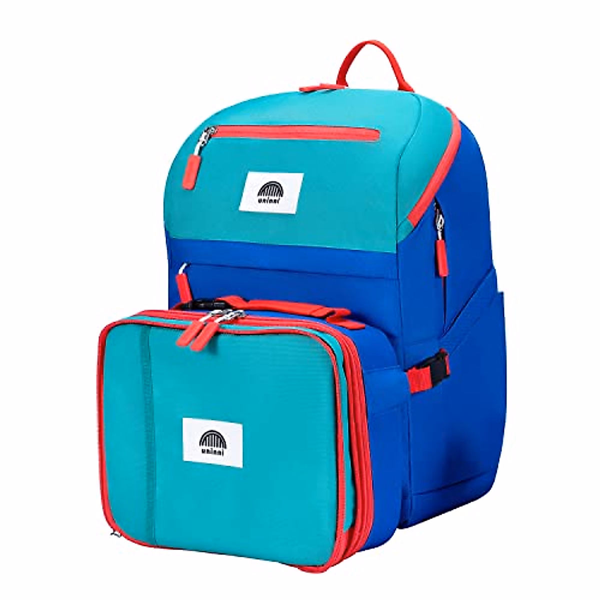 uninni Color Block (Blue/Green) 16'' Kids Backpack with Insulated Set for Age 5+, Lightweight, School and Travel for Boys and Girls