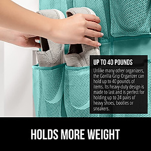Gorilla Grip Slip Resistant Breathable Space Saving Mesh Large 24 Pocket Shoe Organizer, Up to 40 Pounds, Over the Door, Sturdy Closet Storage Rack Hangs on Closets for Shoes, Sneakers, Turquoise