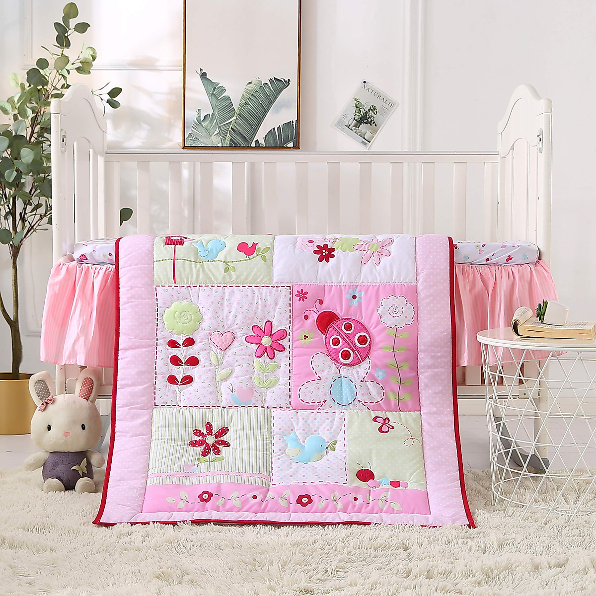 VIVILINEN Pink Ladybird Baby Crib Bedding Set for Girls 3 Pieces Bird Flowers Infant Toddler Nursery Comforter Sets with Crib Quilt Baby Blanket Fitted Sheet Crib Skirt for Standard Size Crib