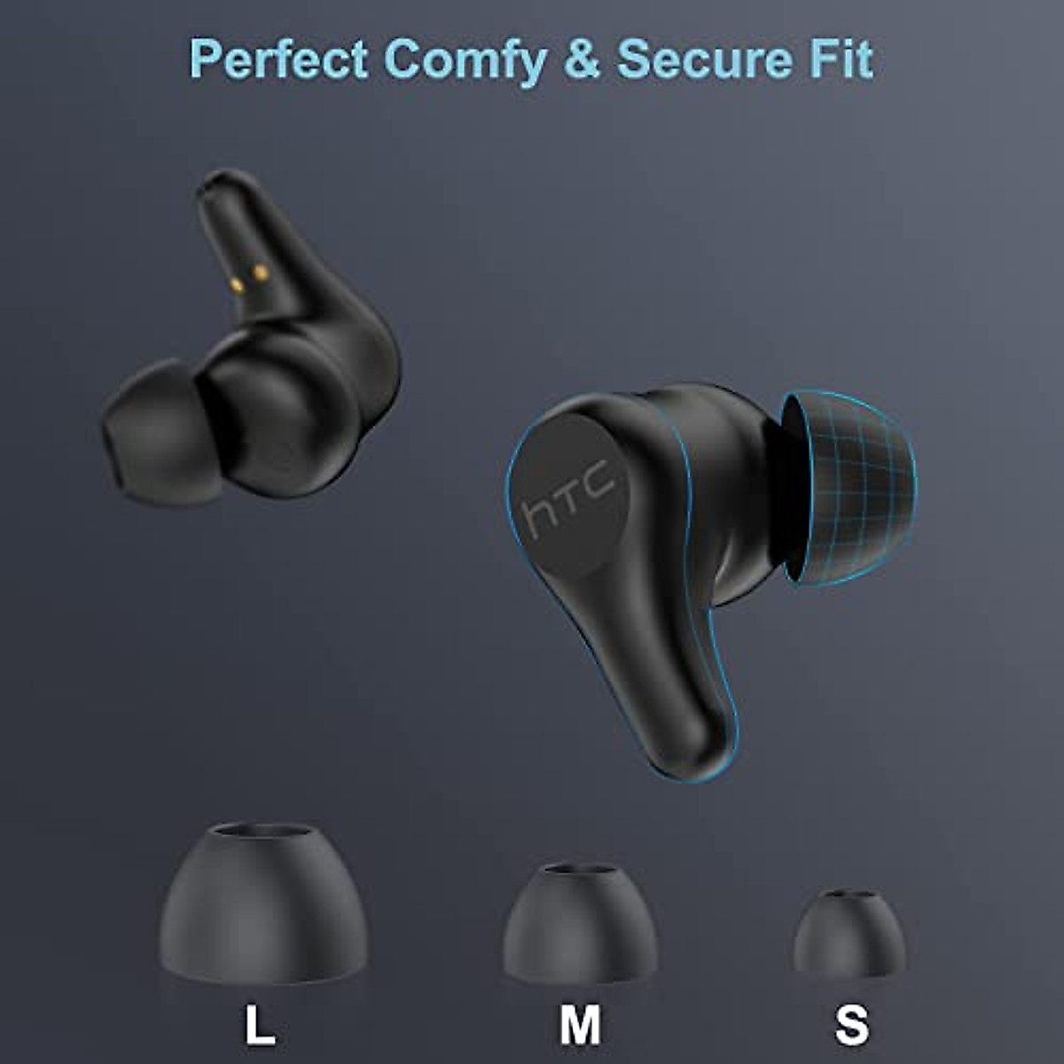 HTC True Wireless Earbuds Plus with Active Noise Cancellation, Bluetooth Earphones Stereo in Ear Headphones IPX5 Waterproof/24-Hour Playtime/Built-in Mic/Touch Control for Driver, Work, Sport -Black