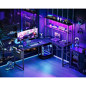 AODK L Shaped Desk Gaming Desk with LED Light & Power Outlet, 53 Inch Reversible L Shaped Computer Desk with Shelf, Corner Desk with Storage Bag&Hook for Home Office Desk, Black