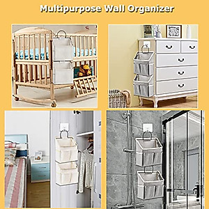 Speusurea 4 Pack White and Gray Wall Hanging Storage Bag Bathroom Closet Hanging Organizer Bag Waterproof Storage Basket with Sticky Hook Contton Linen Over The Door Hanging Organizer Box Pocket