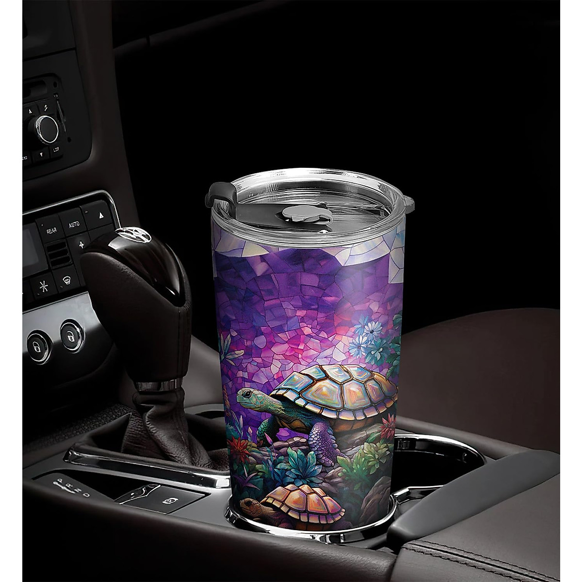 20oz Purple Stained Glass Flower Sea Turtle Tumbler, Gifts for Turtle Lovers, Ocean, Beach Gifts, Coffee Thermos for Women, Stainless Steel Double Wall Vacuum Insulated Coffee Mug, Travel Cup with Lid