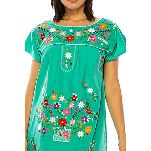 unik Embroidered Traditional Mexican Midi Dress (Mint, 2XL)