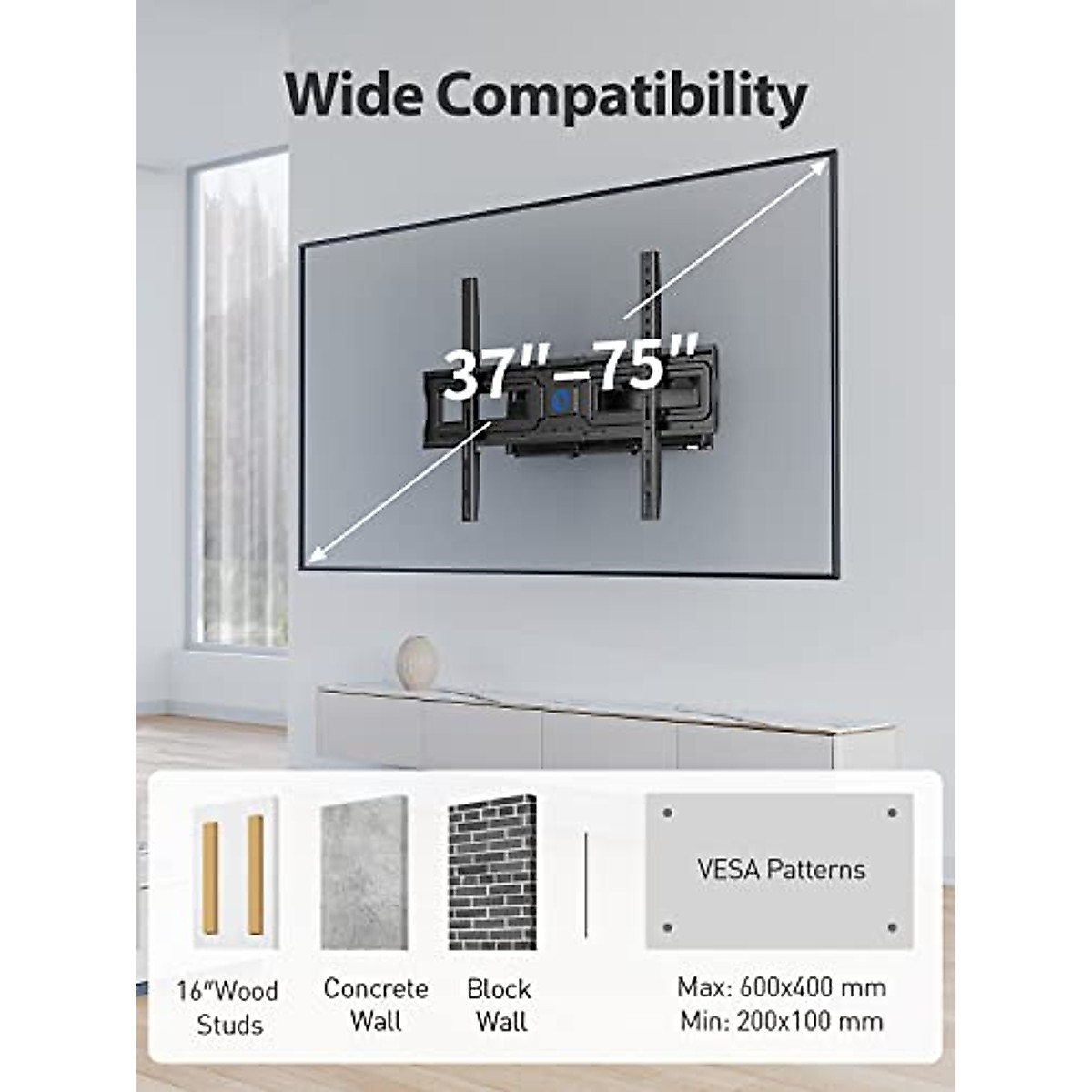 Pipishell Full Motion TV Wall Mount Bracket for 37-75 Inch LCD, QLED,OLED 4K Flat Curved TVs, Dual Arms Tilt Extension Swivel Articulating TV Mount, Max VESA 600x400mm up to 110lbs, Fits 16” Studs