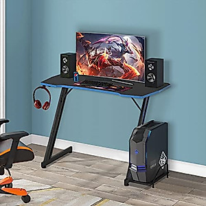Yewuli 39.4'' Gaming Desk Computer Desk Gaming Table Z Shaped Gaming Workstation Pc Gamer Desk Small Computer Desk Adjustable Height with Headphone Hook, Blue