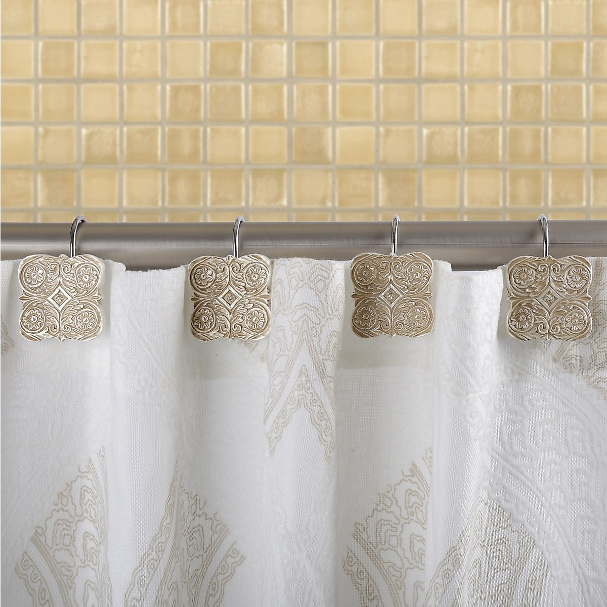 Creative Scents Shower Curtain Hooks Set of 12 Shower Set Rings 100% Rust Free -for Bathroom Shower Curtain Rod Victoria Collection (Beige)
