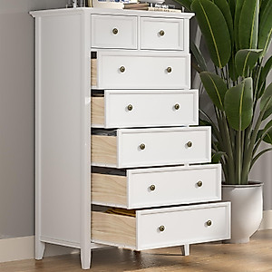 IKENO White 7 Drawer Tall Dresser, Tall Solid Wood Large Storage Cabinet, Modern Simple White Tall Chest of Drawer for Bedroom Living Room Hallway Entryway (White)