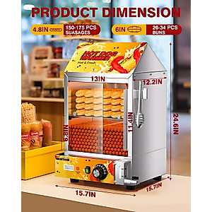 WantJoin Hot Dog Steamer, Adjustable Temperature 2-Tier Electric Hot Dog Steamer with Bun Warmer, 24.52 QT, Visible Glass Sliding Door and Water Level Line, Suitable for Steaming 175 Hot Dogs &40 Buns