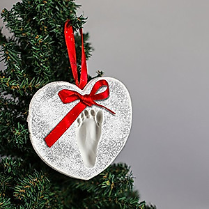 Lil Peach Baby’s Print Clay Heart Christmas Ornament, Holiday Newborn Handprint or Footprint Making Kit, Baby's First Christmas Tree Ornament Keepsake, Silver Glitter Heart