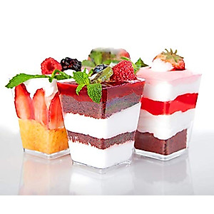 Km Dessert Cups with Lids and Spoons 5OZ Pack of 100 - Clear Tumbler, Plastic Parfait Cups, Tasting Appetizer Bowls, Tall Square Shooters Shot Glasses Mini Dessert Cups - Great for Event and Party