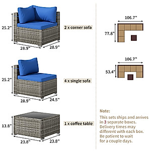Tradare Patio Furniture Set, 7 Pieces Modular Outdoor Couch, Wicker Patio Sofa Conversation Set with Glass Table and Blue Cushion, All Weather Patio Sectional Furniture Set