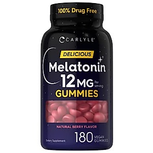 Carlyle Melatonin Gummies 12mg | 180 Count | Drug Free | Natural Berry Flavor | Vegan, Non-GMO, Gluten Free
